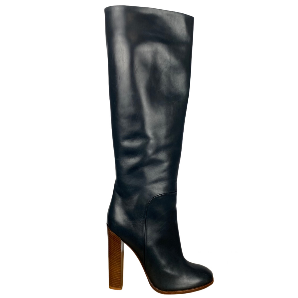Celine Black Leather Stack Heel Knee Boots 38 – Shonamac.com